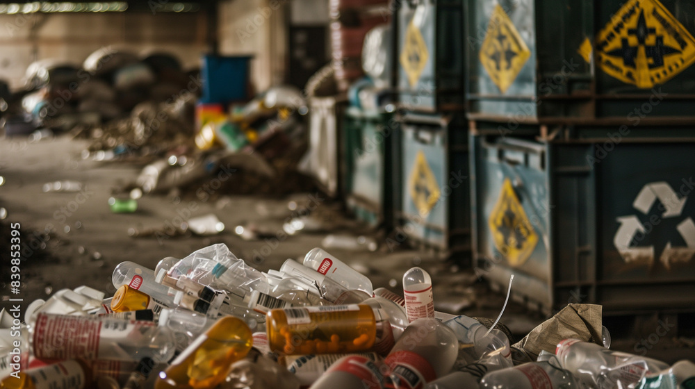 Medical waste in landfill, pile of used syringes, medicine bottles and ...