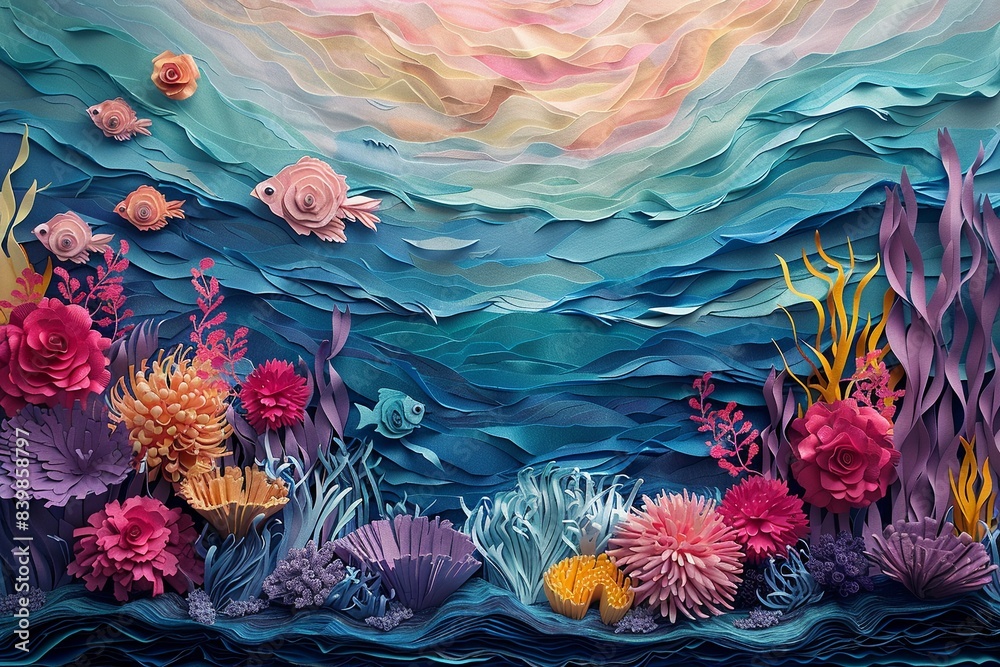 Paper art 3D beautiful underwater scene with coral reef, Bright pastels ...