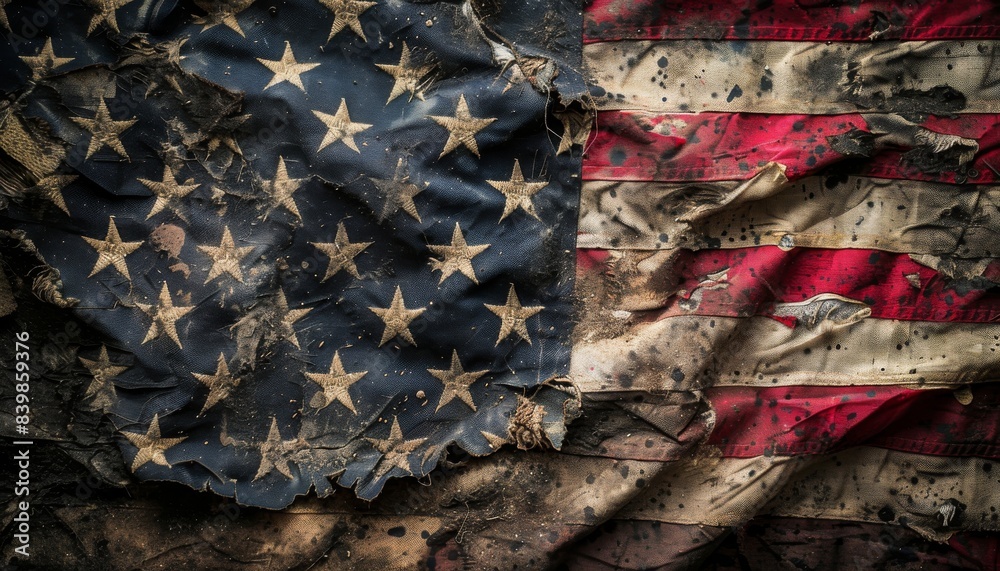 watercolor, Closeup of an old, tattered American flag with faded stars ...