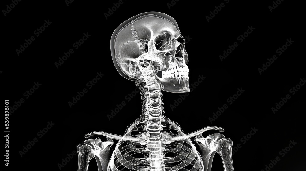 Human skull X-ray view on a black background - Close-up X-ray image of ...
