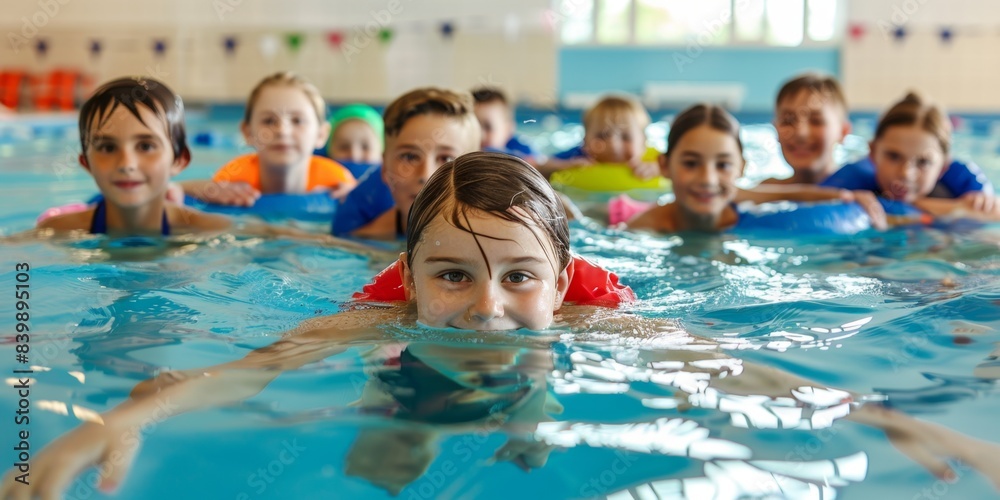 Group of happy children learning to swim in indoor summer swimming pool ...