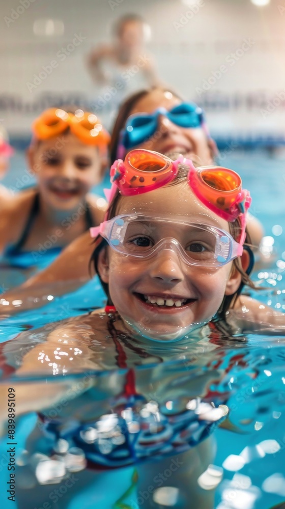 Group of happy children learning to swim in indoor summer swimming pool ...
