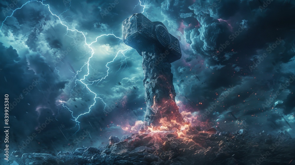 Ancient, weathered fantasy hammer, alive with medieval thunder and ...