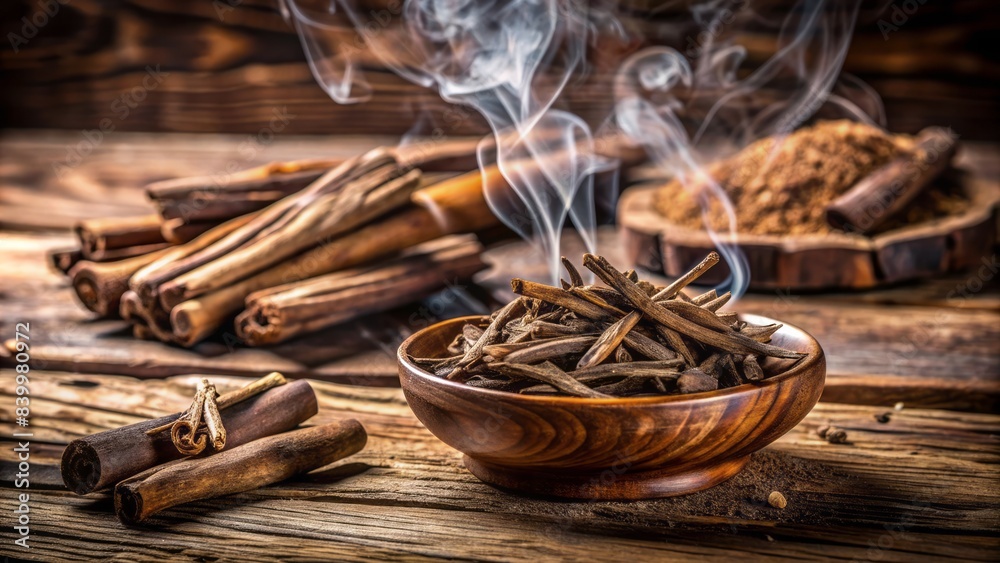 Fragrant agarwood chips and incense sticks made from oud, a valuable ...