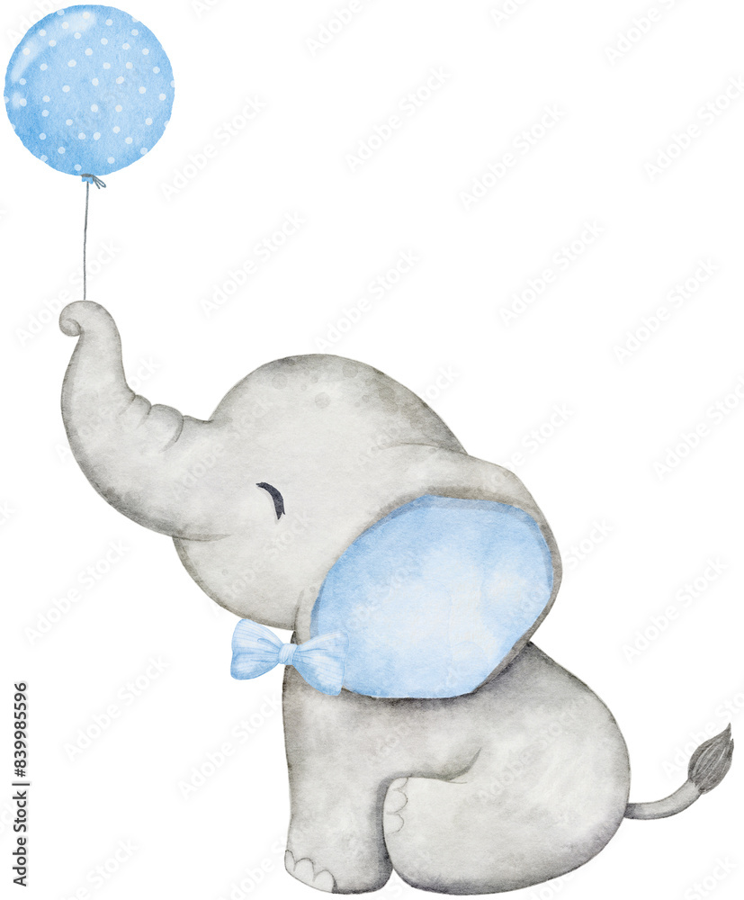 Watercolor baby elephant holding balloon. African baby animal for baby ...