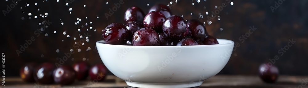 Deep purple jamun fruits in a white ceramic bowl, with one fruit opened ...