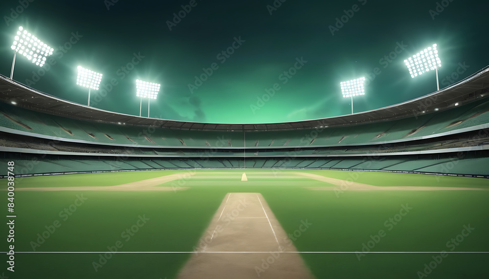 A Spectacular sport cricket stadium with glowing floodlights and empty ...