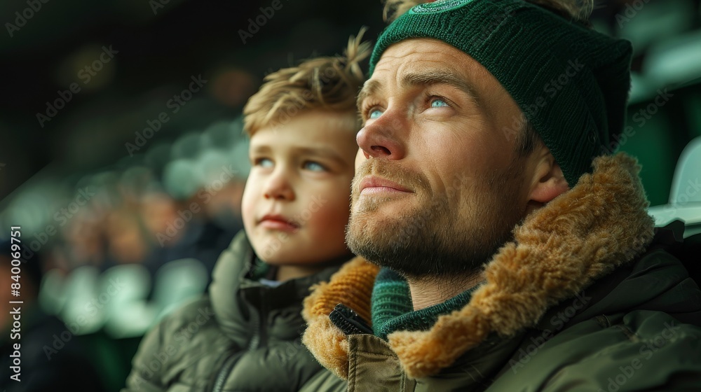 Irish father and son in stands filled with supporters wearing green ...