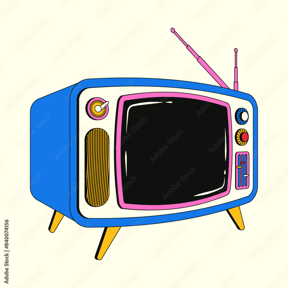 Colorful trendy illustration of an old TV in a retro linear style with ...