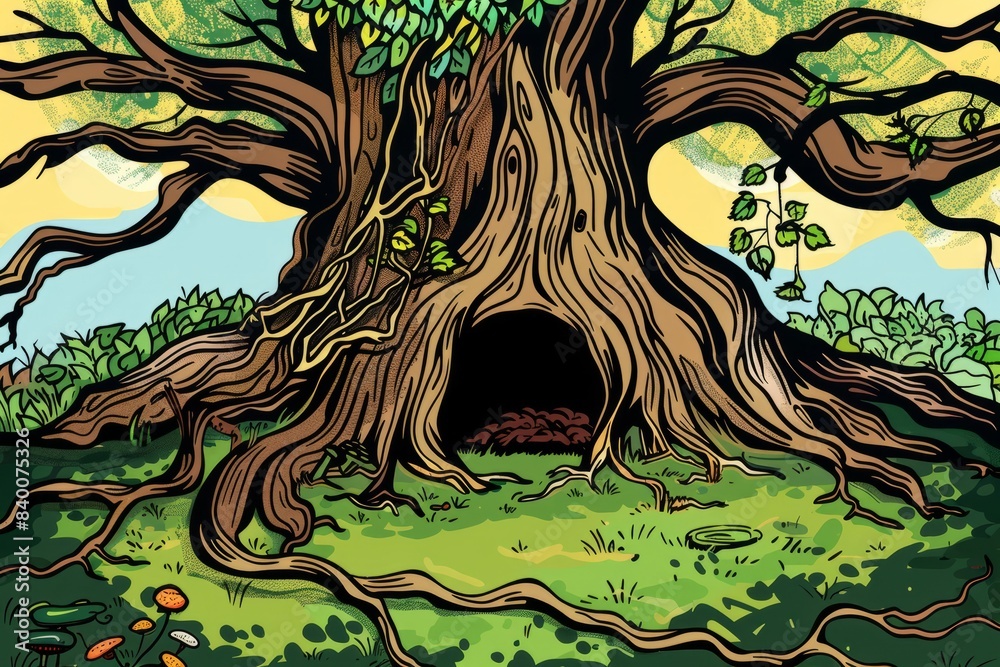 Cartoon cute doodles of a cozy burrow nestled beneath the roots of a ...