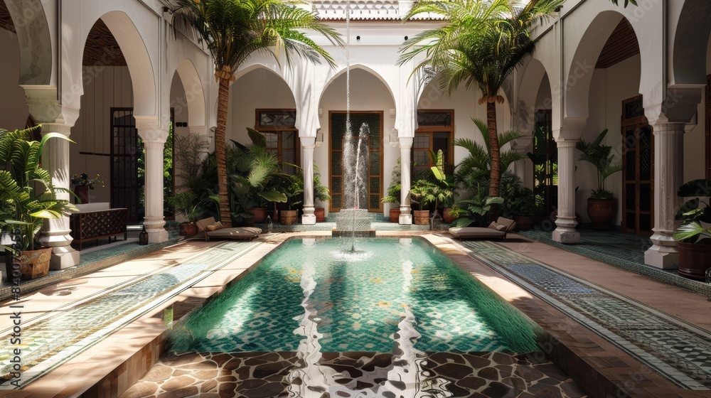 Courtyard house with a central fountain and arched doors, reminiscent ...