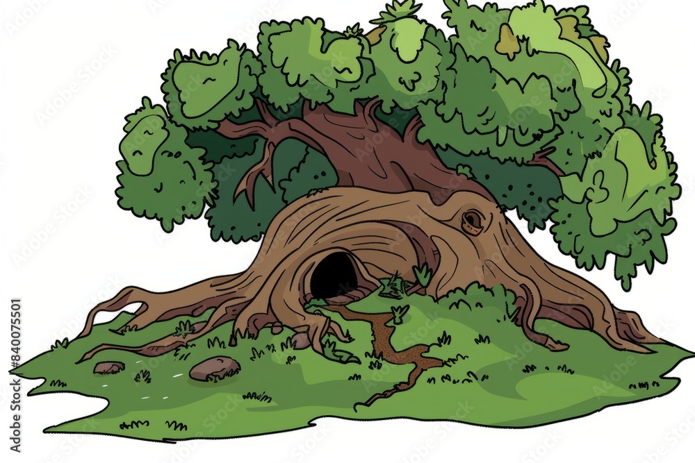 Cartoon cute doodles of a cozy burrow nestled beneath the roots of a ...