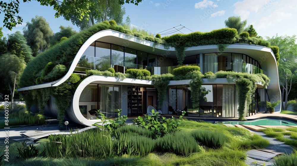Project of a modern house with dense landscaping. The roof and ...