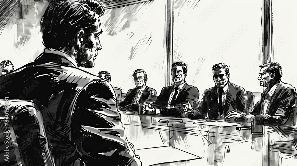 Black and white sketch of business meeting with corporate executives ...