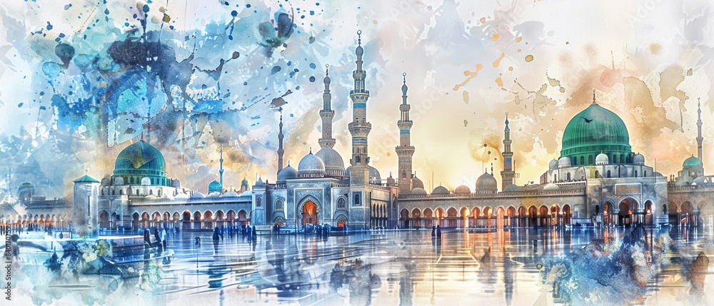 Watercolor hand draw The Prophets Mosque (Masjid an-Nabawi) in Medina ...