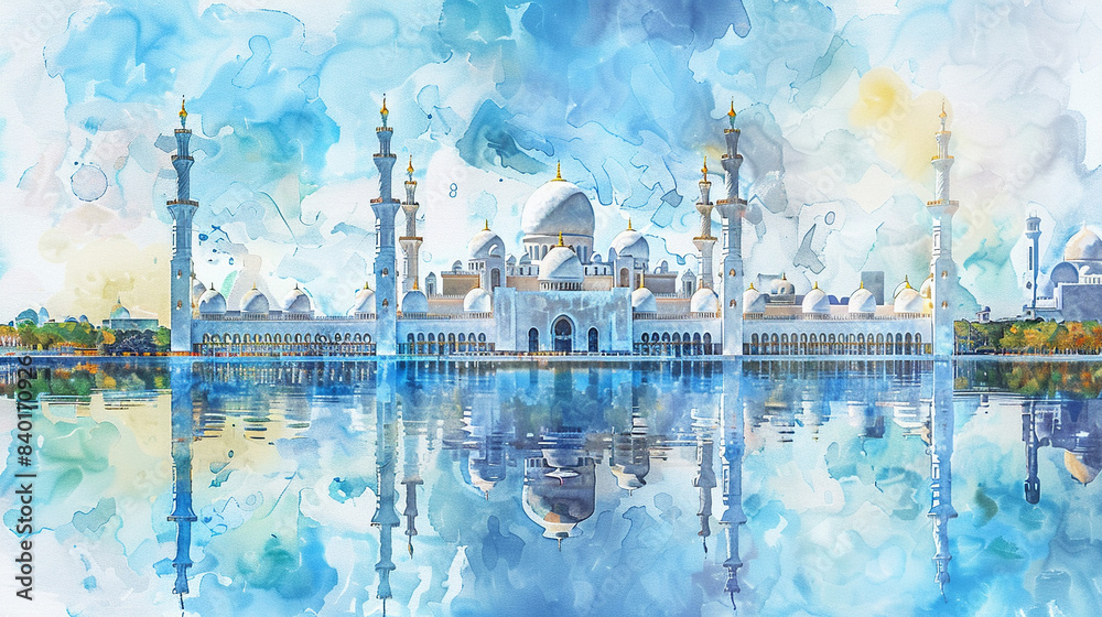 Zdjęcie bez tantiem: Watercolor hand draw The Sheikh Zayed Grand Mosque ...