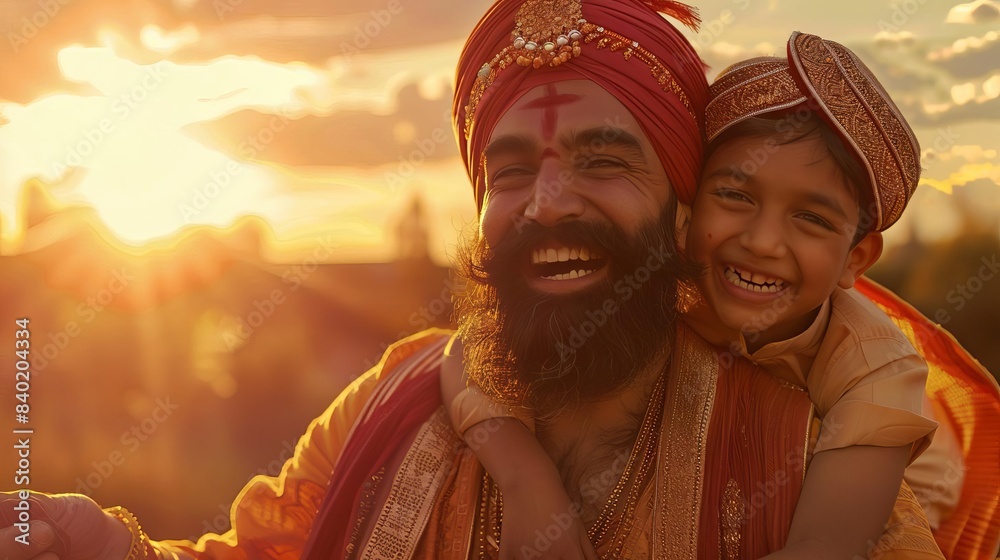 Eye-level angle, father and son riding piggyback, rich traditional Sikh ...