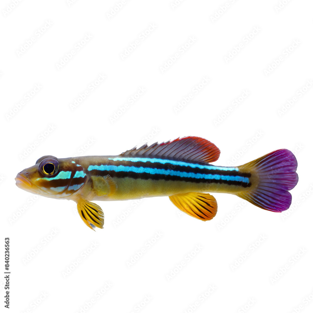 This striking blenny fish is captured in a side-view with its colorful ...