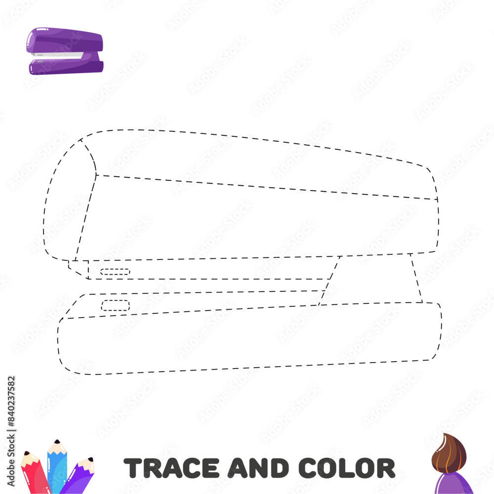 Trace and color educational worksheet for kids. Tracing stapler ...