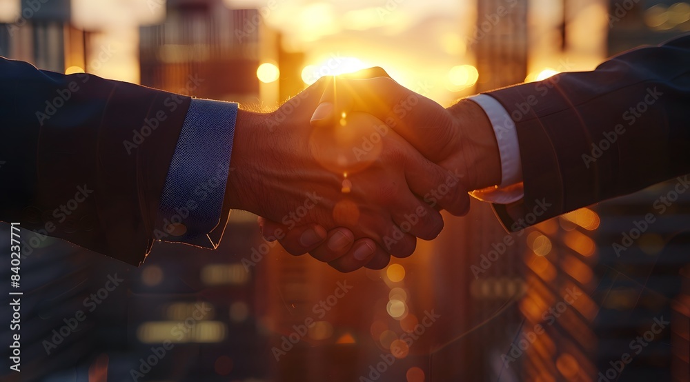 Two men shaking hands in front of a city skyline. The handshake is a symbol of agreement and ...