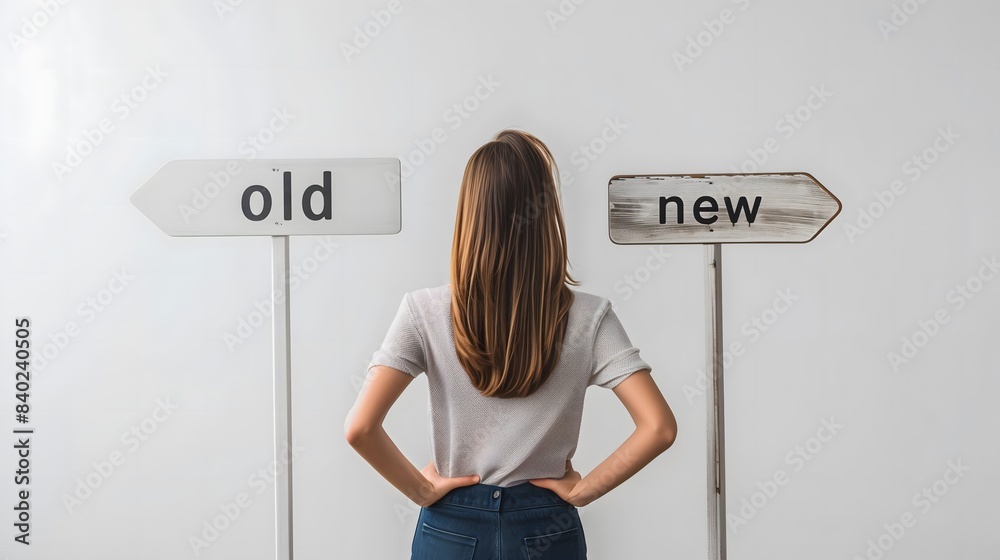 Woman Contemplating Decision Between Old and New, Standing in Front of ...