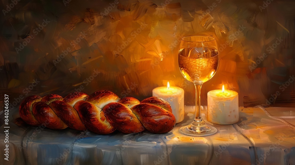 Side view, Shabbat table with braided challah bread, wine glass, and ...