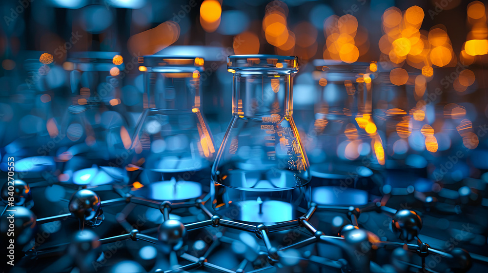 Science Research Laboratory Background With Glass Flasks And Molecular ...