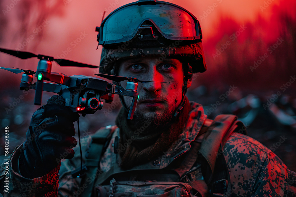 Foto de Stock AI generated photo of military soldier controls drone for reconnaissance operation ...