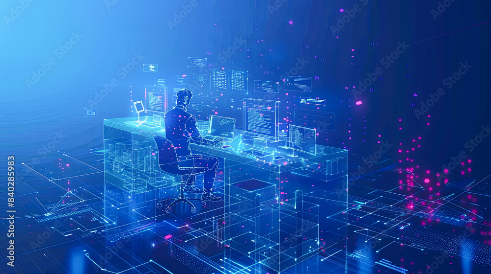 Back view of businessman sitting on chair and working on laptop on abstract blue background with ...