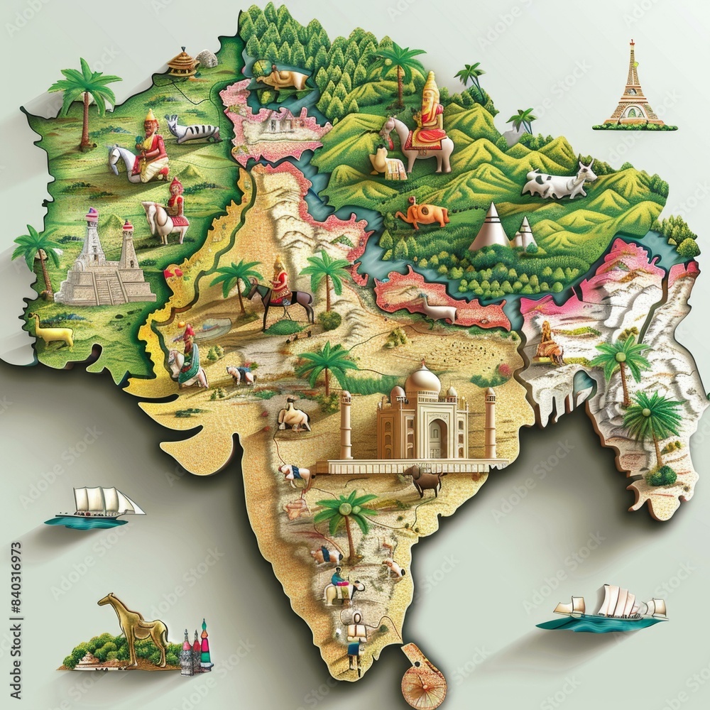 Illustrated Tourist Map of India's Landmarks and Culture Stock ...