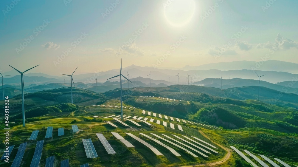 An expansive landscape with wind farms and solar panels under a sunny ...