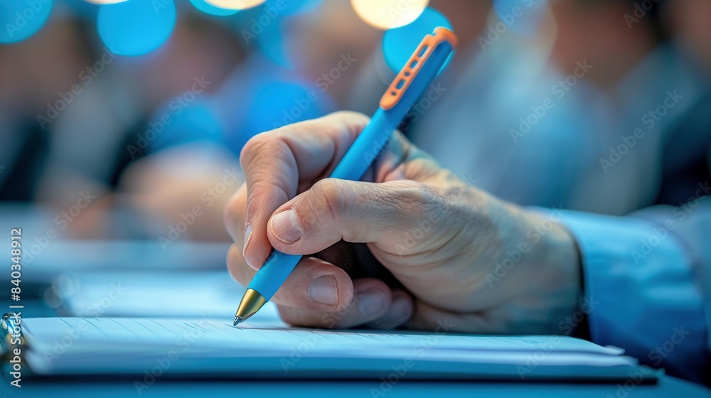 Mature hand holding blue pen, writing in notebook closeup image ...