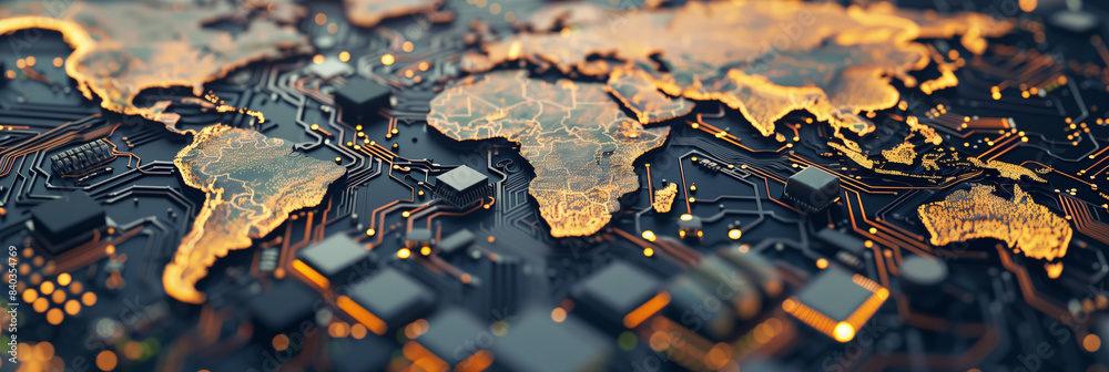 a world map integrated with electronic circuit board elements. The ...