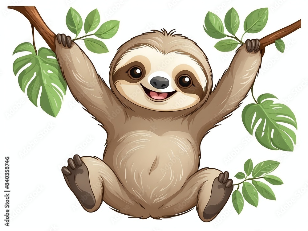cute happy sloth cartoon clipart on plain white background Stock ...