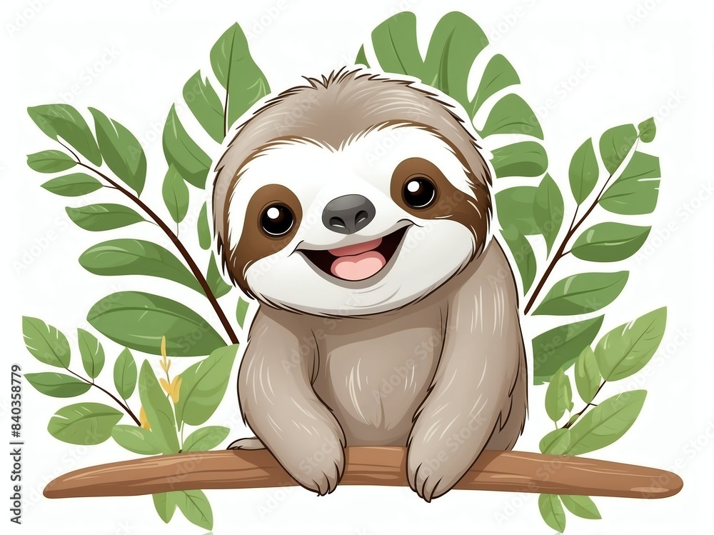 cute happy sloth cartoon clipart on plain white background Stock ...