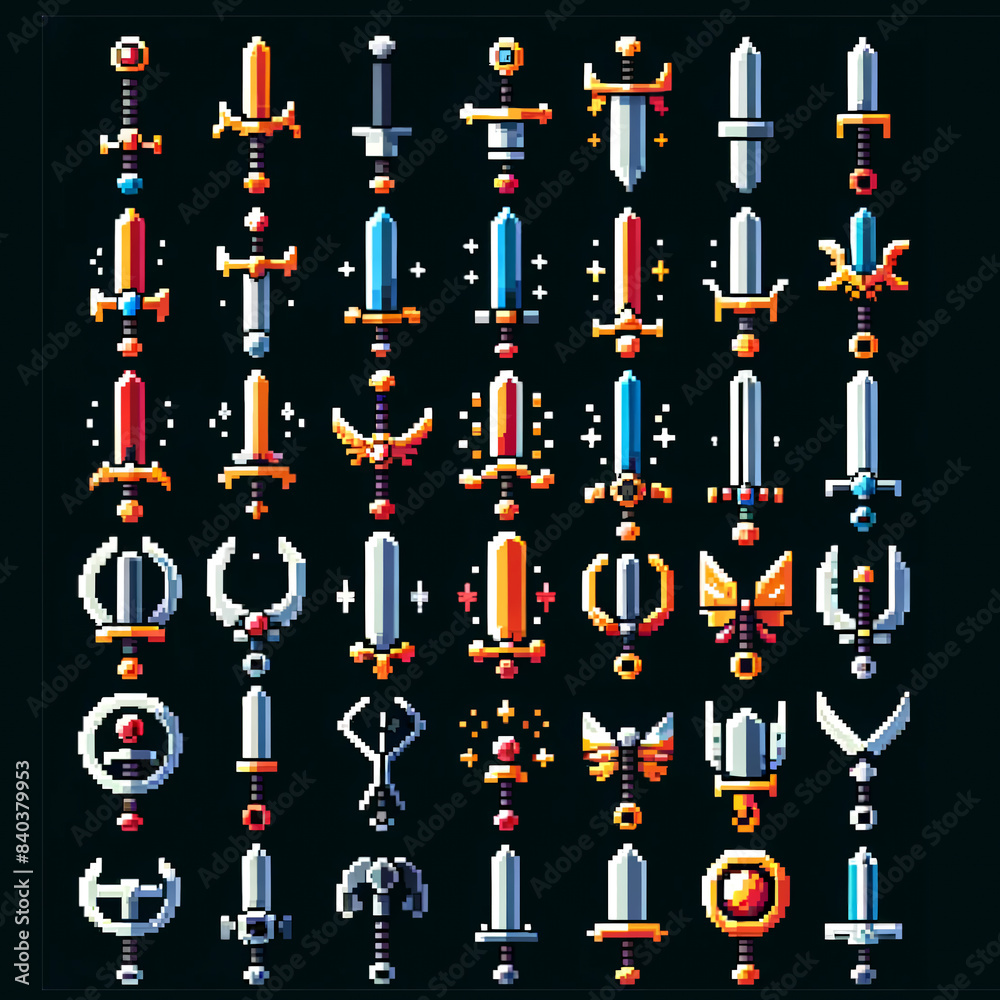RPG pixel art ancient sword icons sprite sheet Stock Illustration ...