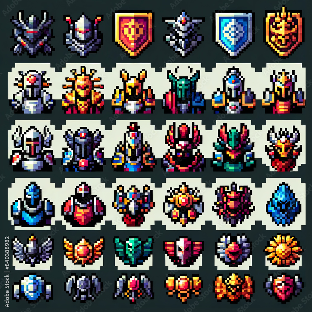 RPG pixel art hero's emblem icons sprite sheet Stock Illustration | Adobe Stock