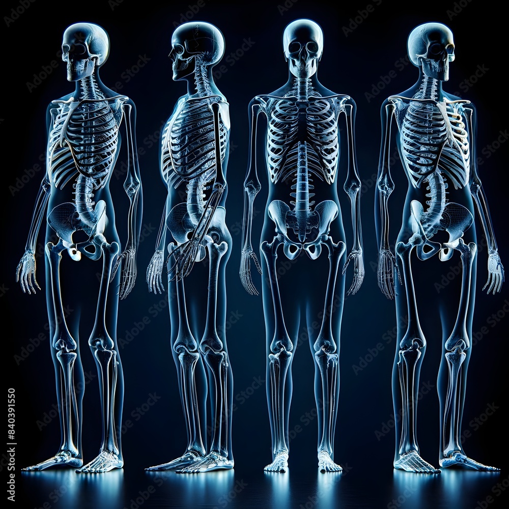 Four human skeletons in different positions on a dark background ...