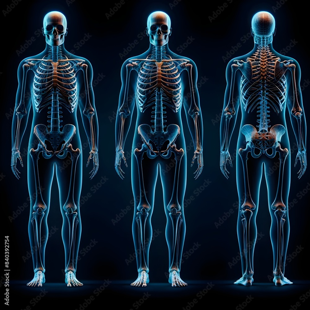 Four human skeletons in different positions on a dark background ...
