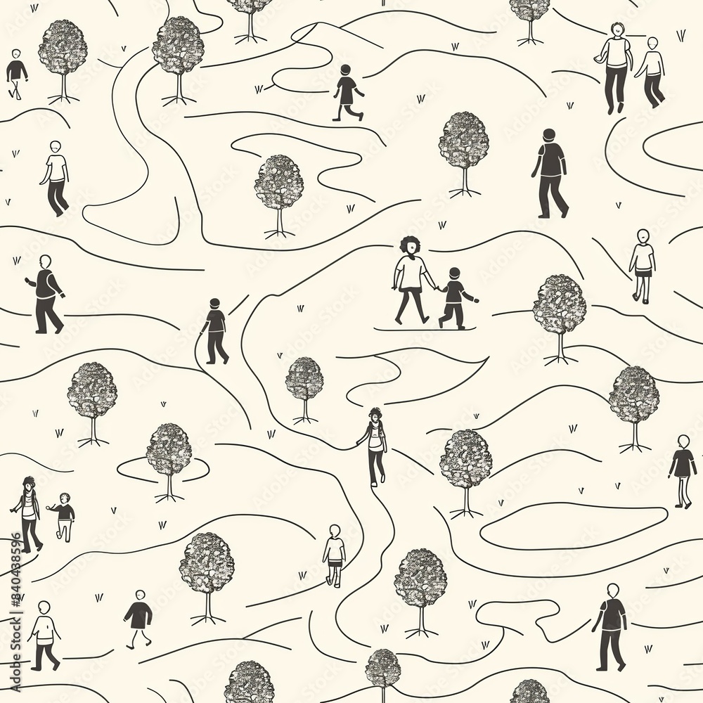 A simple line art of a family participating in a charity walk, with ...