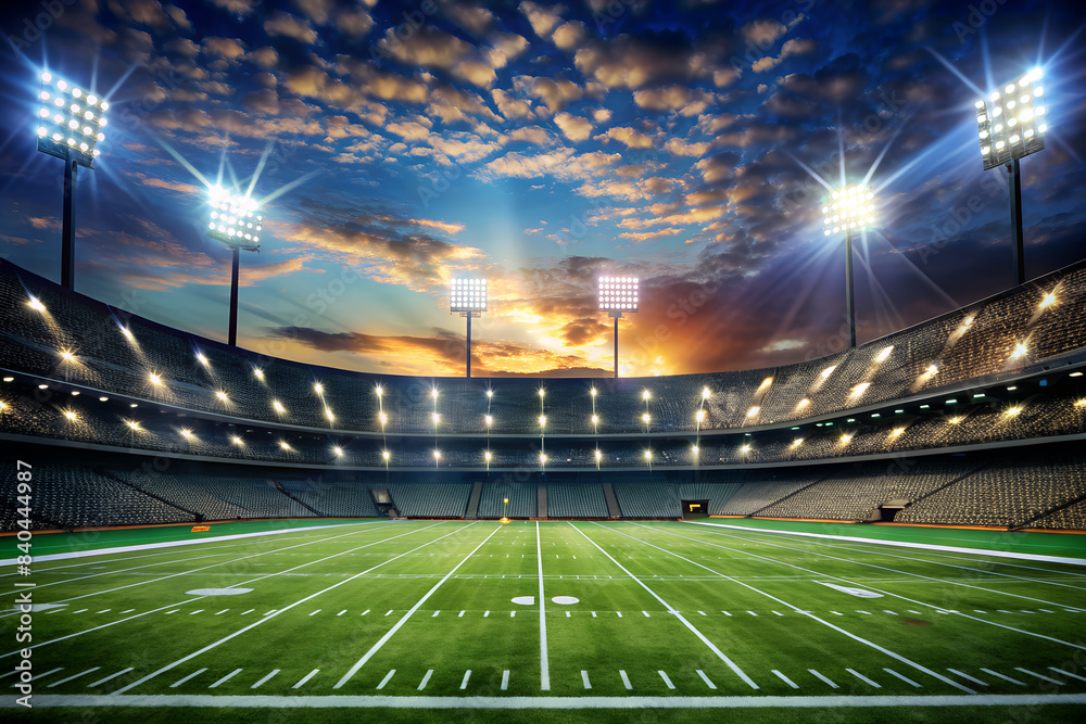 Illuminated Football Field at Twilight Under Stadium Lights Stock Photo ...