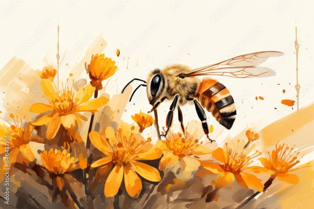 Bee pollination process flat design, side view, agriculture theme ...