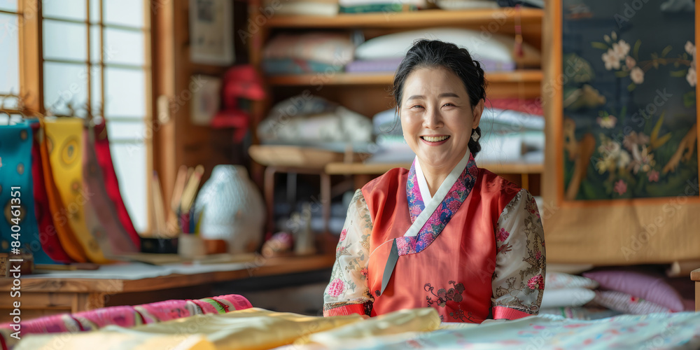 a Korean woman conducting a virtual hanbok design class from her home ...