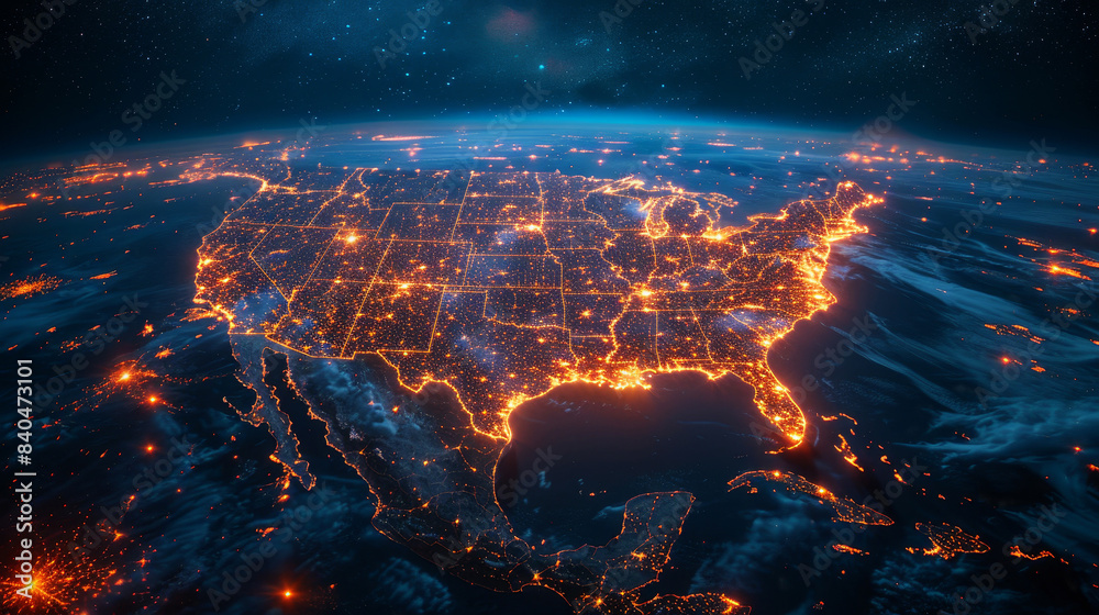 Illuminated map of the United States at night with glowing city lights ...