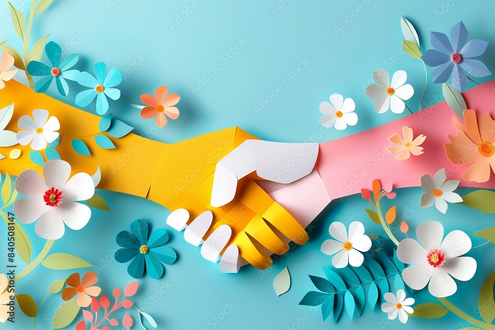 Charming vector paper cut handshake, limited to five cheerful colors ...
