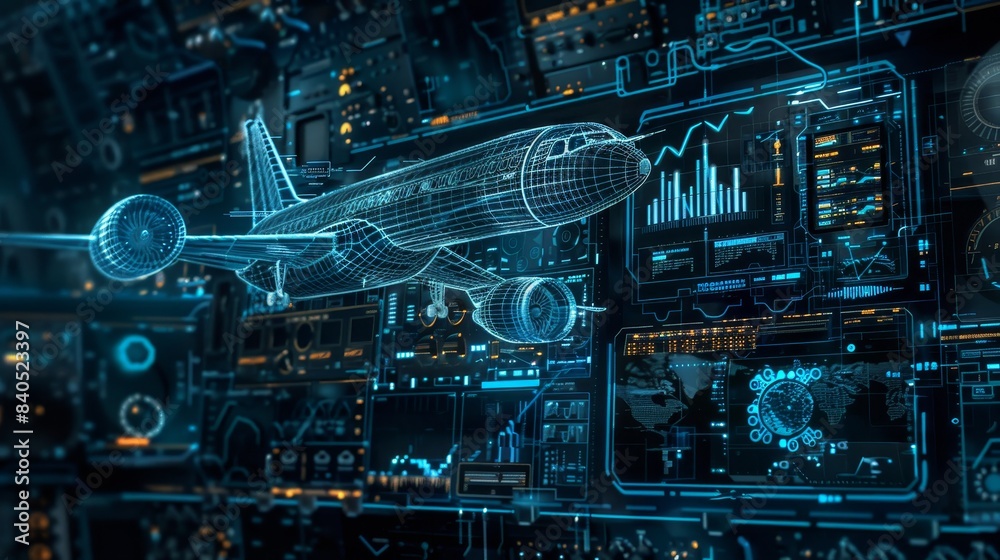Industrial aerospase blueprint with infographics and Jet engine ...