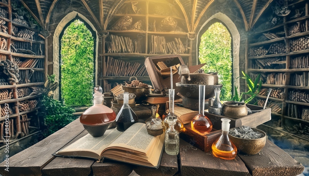 Medieval alchemist's workshop filled with ancient books, potions, and a ...