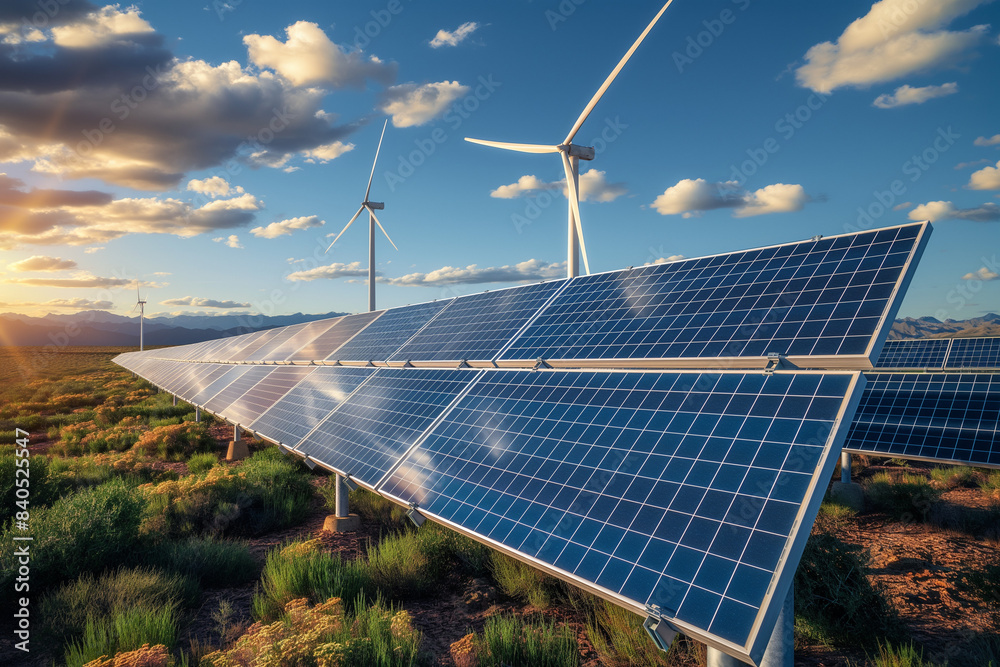 Photovoltaics solar panel and wind turbines generating electricity ...