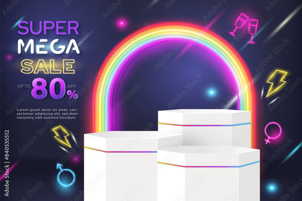 Stage podium design for product display with glowing neon lgbt rainbow ...