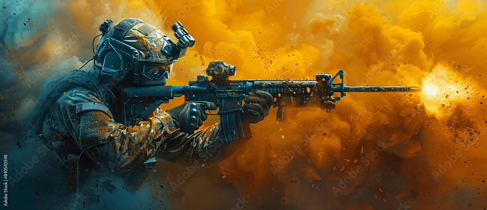 Intense Combat Scene with Soldier Firing Rifle in Battle - Military ...